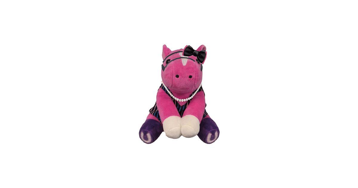 Gift at Races. Sitting Horse Plush with Outfit (Neon Pink)